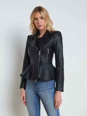L'Agence Lyric Leather Peplum Biker Jacket - Black