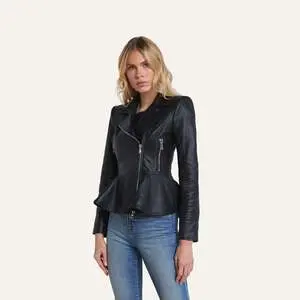 L'Agence Lyric Leather Peplum Biker Jacket - Black