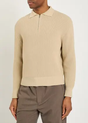 LARDINI Ribbed Knit Cotton Zip-neck Polo Shirt