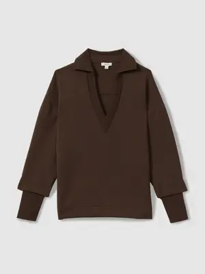 REISS Premium Interlock Open-collar Sweatshirt - Chocolate