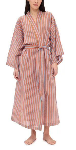 FOLKLOORE Striped Robe - Blue & Orange Stripes W/ Green