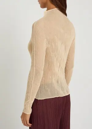 Issey Miyake Pleated Mock Neck Sheer Chiffon Top - Beige