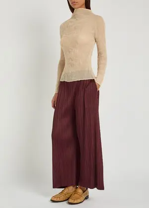 Issey Miyake Pleated Mock Neck Sheer Chiffon Top - Beige