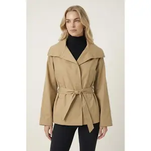 MODENAIRE Belted Wrap Jacket With Wide Lapels - Tan