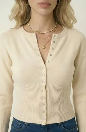 MODENAIRE Fitted Pearlized Button Ribbed Cardigan