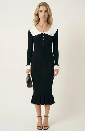 MODENAIRE Ribbed Knit Ruffled Collar Midi Dress