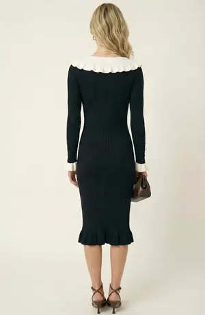 MODENAIRE Ribbed Knit Ruffled Collar Midi Dress