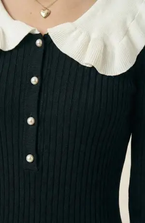 MODENAIRE Ribbed Knit Ruffled Collar Midi Dress