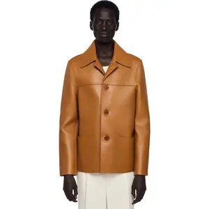 Sandro Buttoned Lambskin Leather Jacket - Camel
