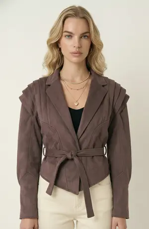 MODENAIRE Belted Pleated Shoulder Jacket - Brown