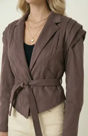 MODENAIRE Belted Pleated Shoulder Jacket - Brown