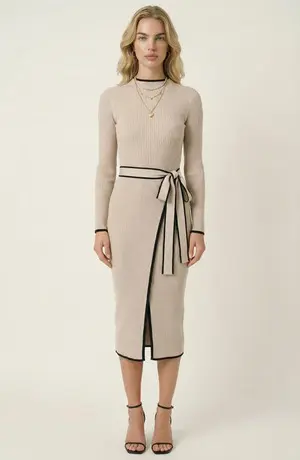 MODENAIRE Ribbed Knit Tie Waist Midi Dress - Beige