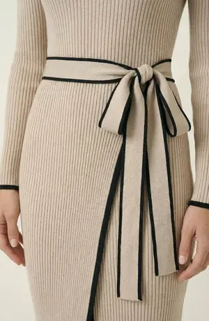 MODENAIRE Ribbed Knit Tie Waist Midi Dress