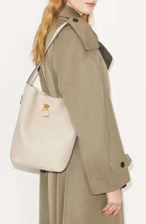 Tory Burch Slim Lock Leather Bucket Bag - Light Stone