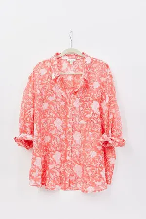 Hat Attack Printed Beach Shirt - Flora Coral