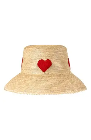 SUNSHINE TIENDA Embroidered Heart Palm Straw Bucket Hat - Red