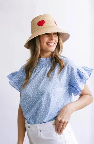 SUNSHINE TIENDA Embroidered Heart Palm Straw Bucket Hat