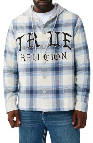 True Religion Hooded Flannel Snap-up Shirt - Winter White/blue