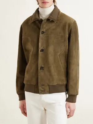 Loro Piana Ribbed Knit-trimmed Suede Bomber Jacket