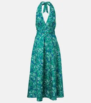 Max Mara Printed Halterneck Cotton Midi Dress - Green