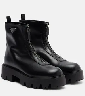 Prada Leather Platform Ankle Boots - Black