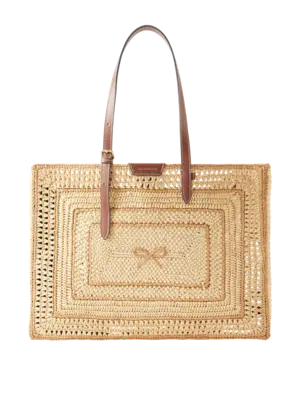 ANYA HINDMARCH Bow Leather-trimmed Raffia Tote - Neutrals