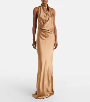 THE SEI Halterneck Silk Satin Gown - Brown