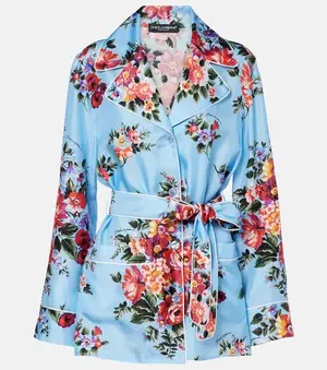 Dolce & Gabbana Floral Belted Silk Blouse - Blue