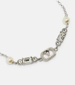 Valentino Garavani Vlogo Embellished Chain Bracelet With Faux Pearls And Crystals