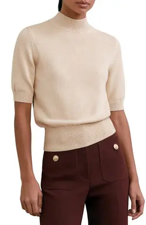 REISS Cotton & Wool Mock Neck Sweater - Neutral