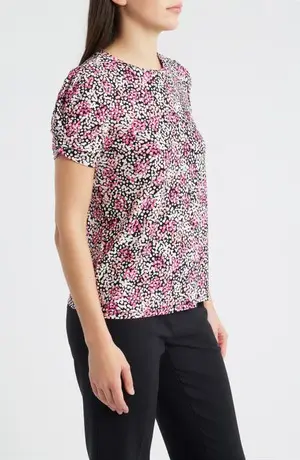 Anne Klein Printed Pleat Short Sleeve Top