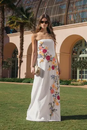Mac Duggal Strapless Floral Embroidered Linen Gown