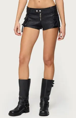 EDIKTED Faux Leather Micro Cargo Shorts - Black