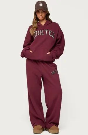 EDIKTED Embroidered Logo Wide-leg Sweatpants - Burgundy
