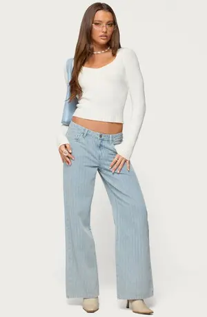 EDIKTED Pinstripe Low Rise Wide Leg Jeans - Light-blue-washed