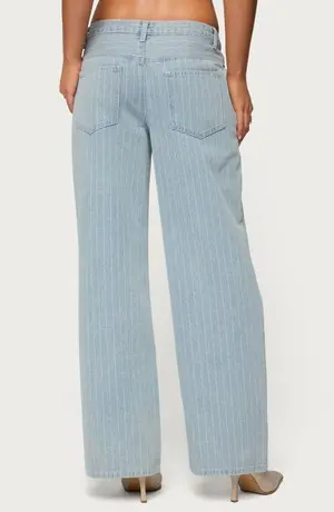 EDIKTED Pinstripe Low Rise Wide Leg Jeans - Light-blue-washed