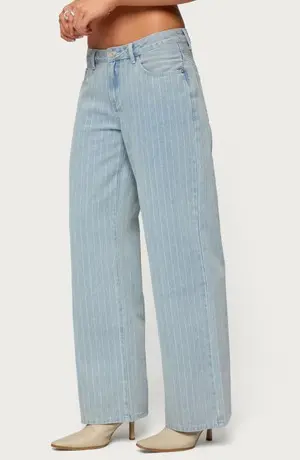 EDIKTED Pinstripe Low Rise Wide Leg Jeans - Light-blue-washed