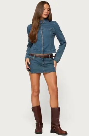 EDIKTED Low Rise Denim Mini Skirt - Blue-washed