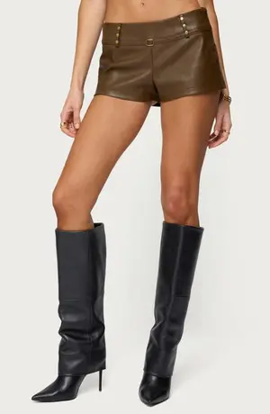 EDIKTED Reese Studded Faux Leather Microshorts - Brown