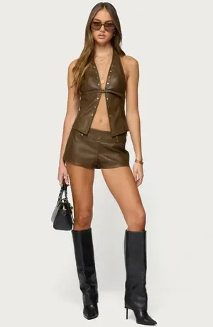 EDIKTED Reese Studded Faux Leather Microshorts - Brown