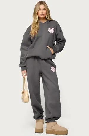 EDIKTED Fleece Logo Graphic Sweatpants - Dark-gray