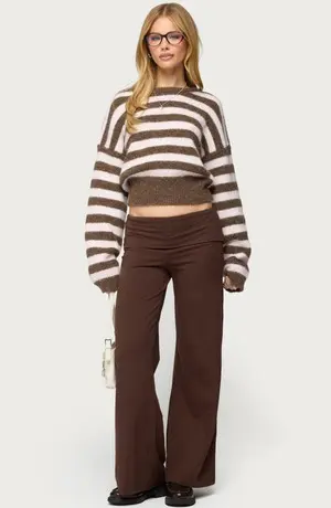 EDIKTED Wide-leg Cotton Pants With Fold-over Waistband - Brown