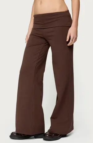 EDIKTED Wide-leg Cotton Pants With Fold-over Waistband - Brown