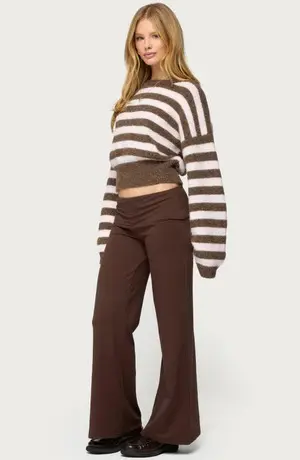EDIKTED Wide-leg Cotton Pants With Fold-over Waistband - Brown