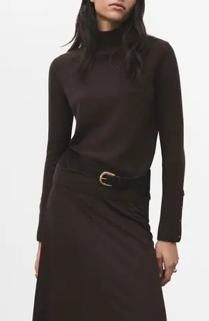 Mango Button Cuff Turtleneck Sweater - Chocolate