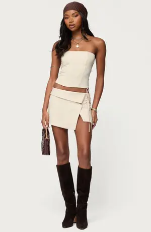 EDIKTED Asymmetric Wrap Mini Skirt - Beige