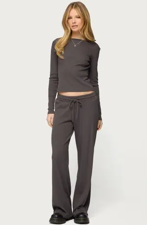 EDIKTED Cicilia Rib Drawstring Pants - Dark-gray