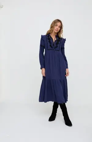RAFFYA Lulu Embroidered Maxi Dress - Navy