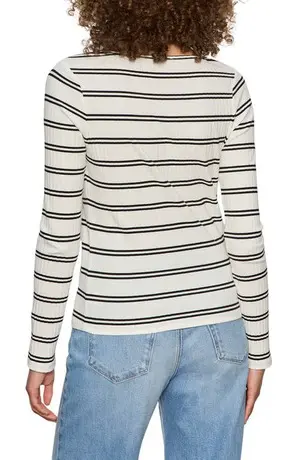 Sanctuary Striped Ribbed Button-front Top - Chalk White/black Stripe