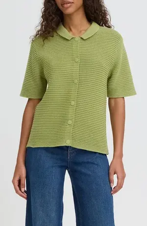 ICHI Textured Cotton Snap-up Polo Sweater